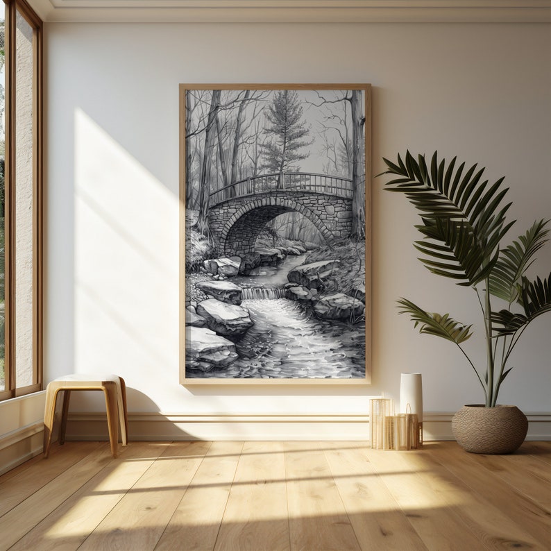 Monochrome Forest Bridge Art Tranquil Stream Pencil Drawing Nature ...