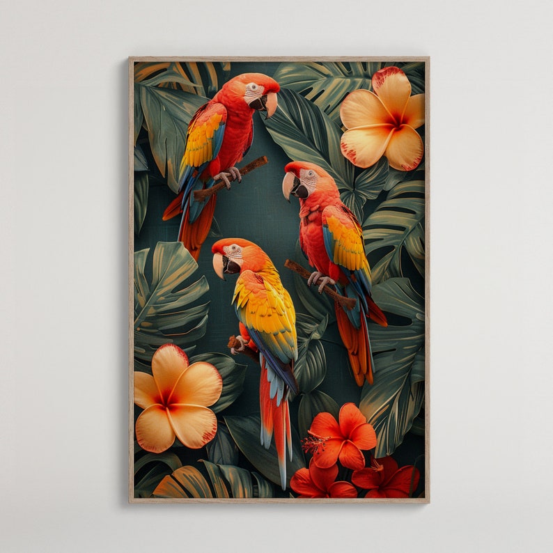 Tropical Macaw Trio Digital Art Print | Exotic Bird Wall Art | Lush ...