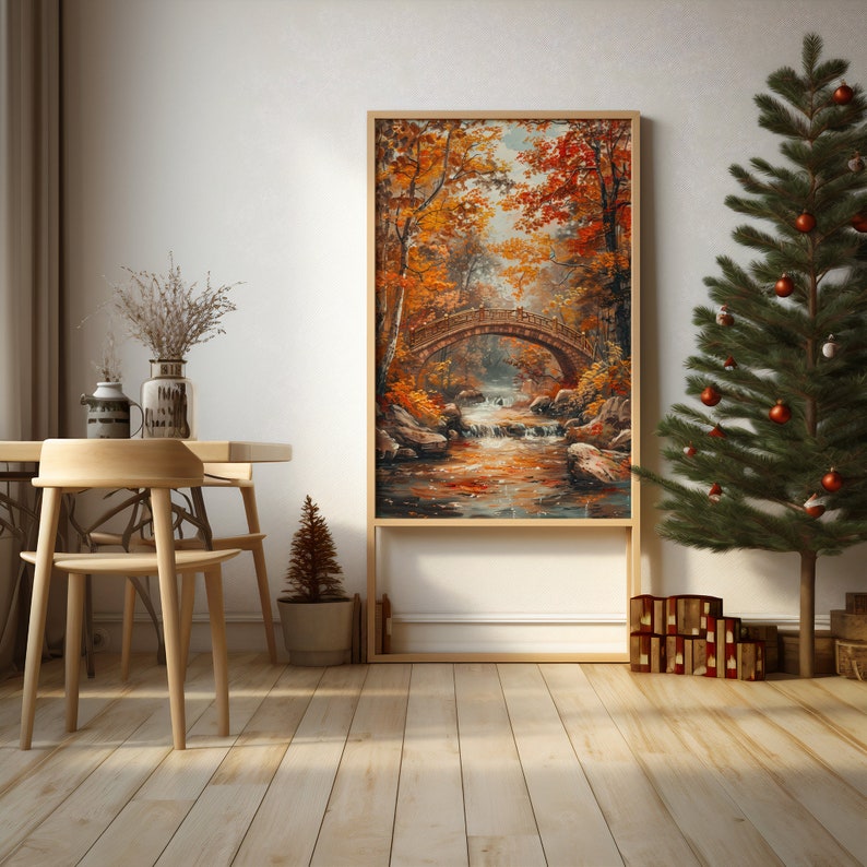 Autumn Bridge Landscape Art | Serene Fall Foliage Stream Scene ...