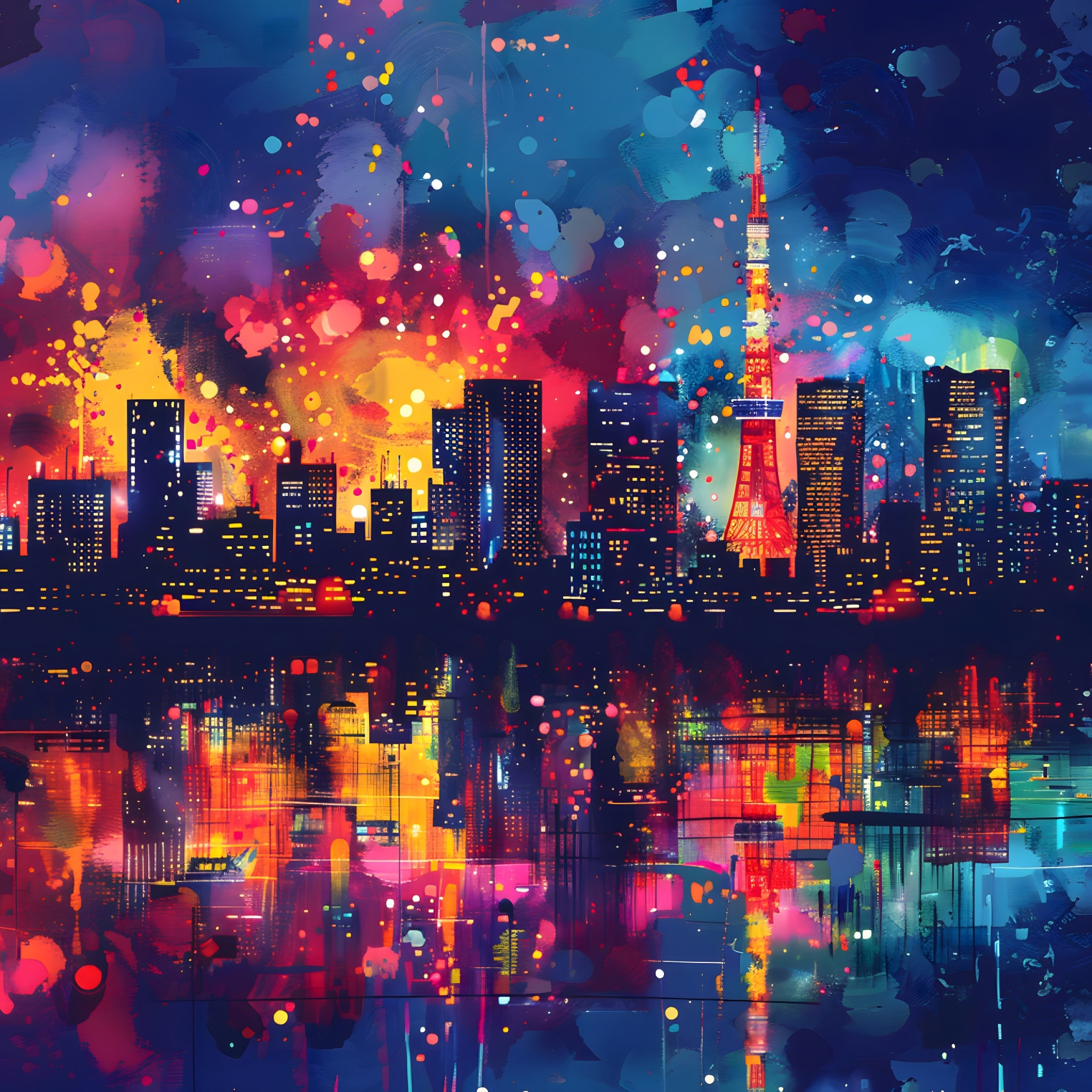 Tokyo Tower Abstract Art Print Psychedelic Cityscape at Night Colorful ...