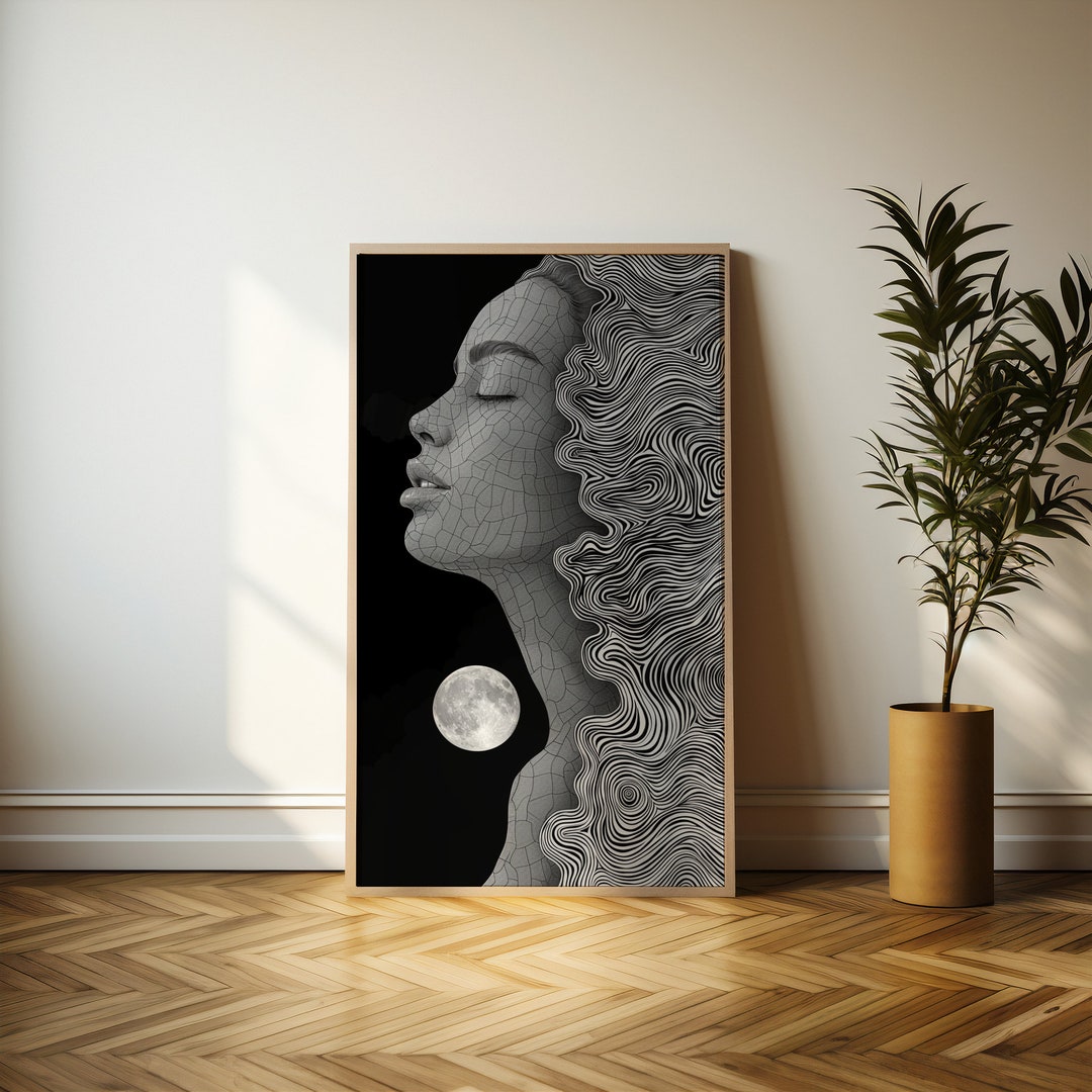 Monochromatic Woman Portrait | Serene Face With Wavy Lines Art | Moon ...