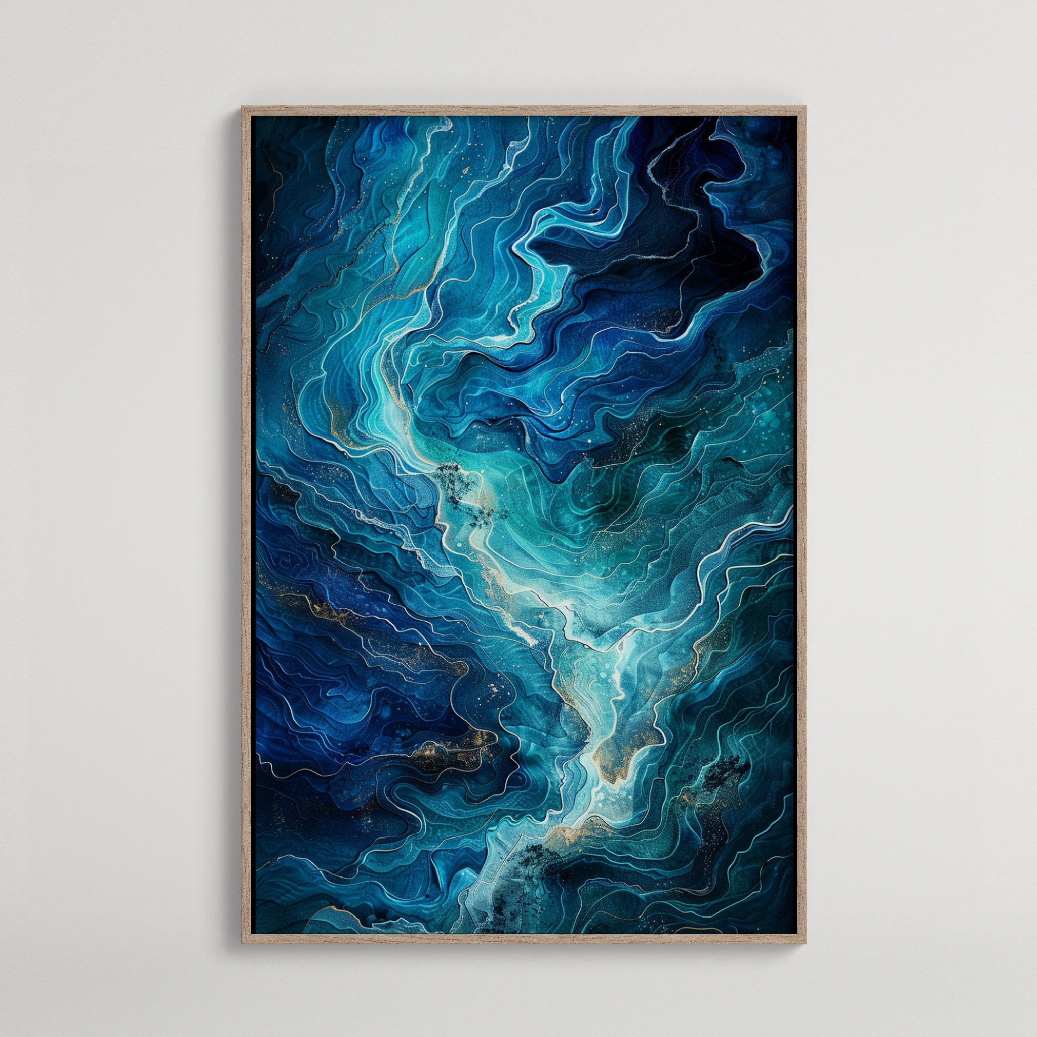 Abstract Ocean Waves Digital Art Print | Marbled Blue Sea Patterns ...