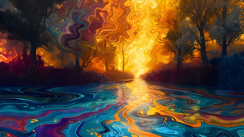 Surreal Landscape Digital Art Print Vibrant Sky Water Warm and Cool Color Contrast Home Decor ...