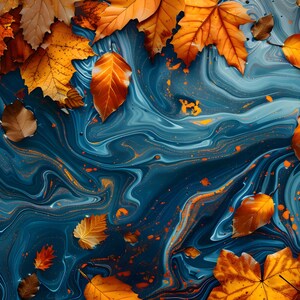Autumn Leaves on Blue Marble Art Print Vibrant Fall Decor Abstract ...