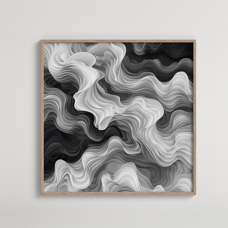 Abstract Monochrome Art Print | Wave-like Marble Textures | Grayscale ...