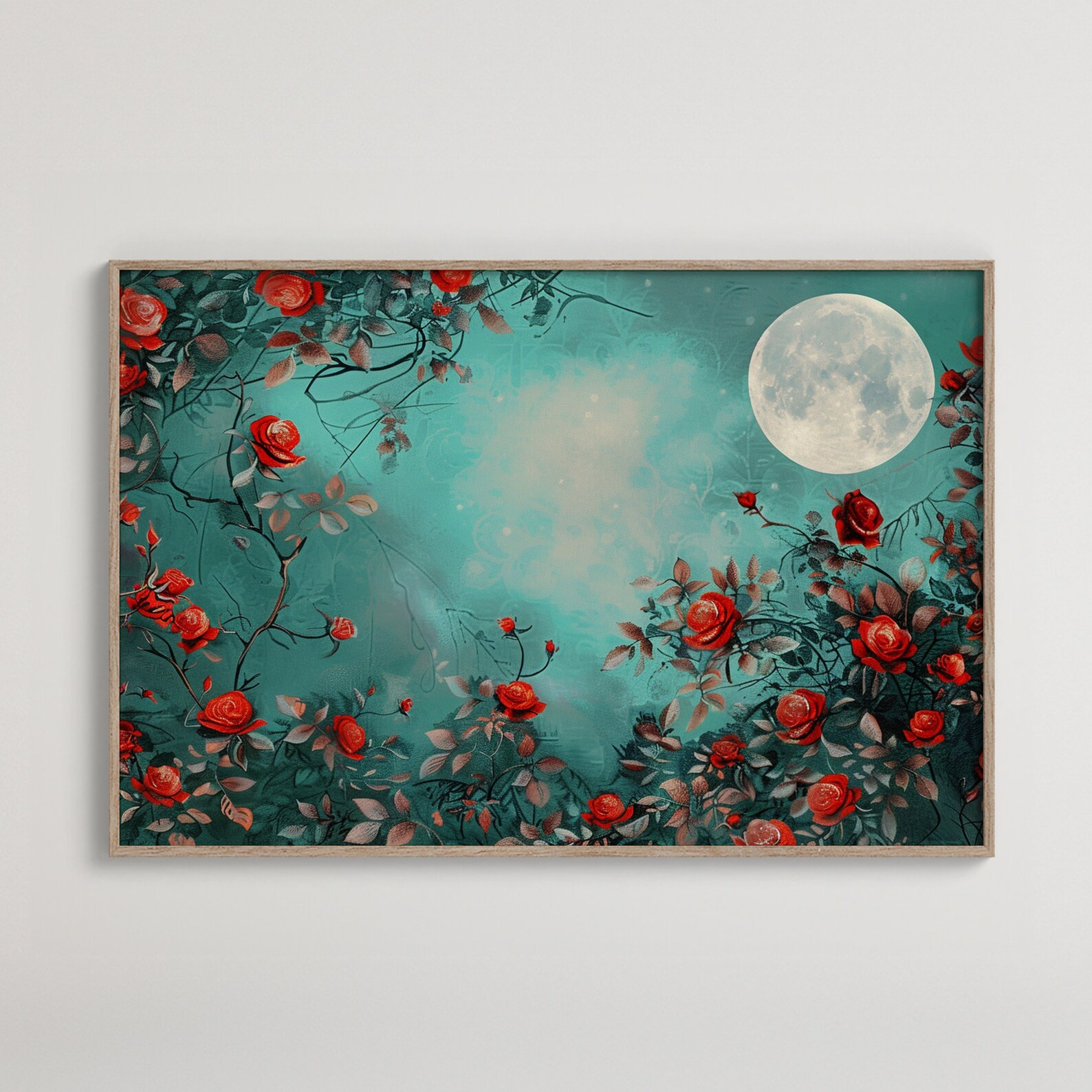 Moonlit Garden Digital Art | Teal Night Sky Red Roses | Serene Floral ...