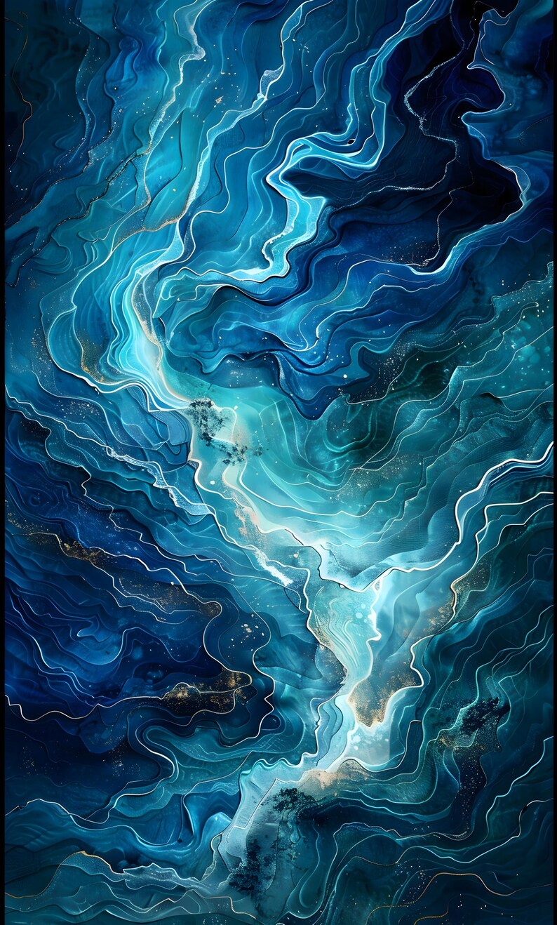 Abstract Ocean Waves Digital Art Print | Marbled Blue Sea Patterns ...