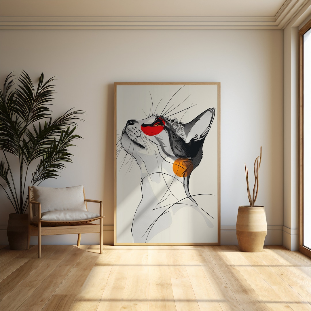 Modern Cat Portrait Abstract Feline Art Bold Lines Colors Digital Print ...