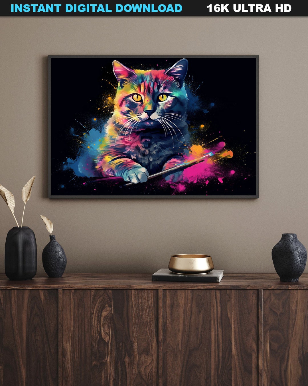 Cosmic Painter Cat Space Artist Kitty Vibrant Feline With Paintbrush Galaxy Cat Wall Art Digital ...