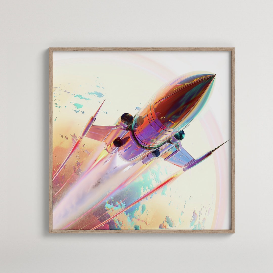 Retro Futuristic Rocket Art | Vibrant Spacecraft Print | Sci-fi Wall ...