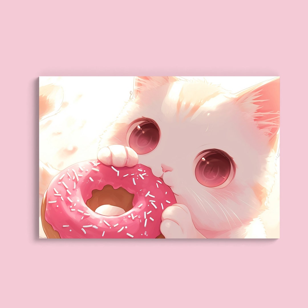Kawaii Cat With Pink Donut | Adorable Kitty Digital Art | Cute Animal ...