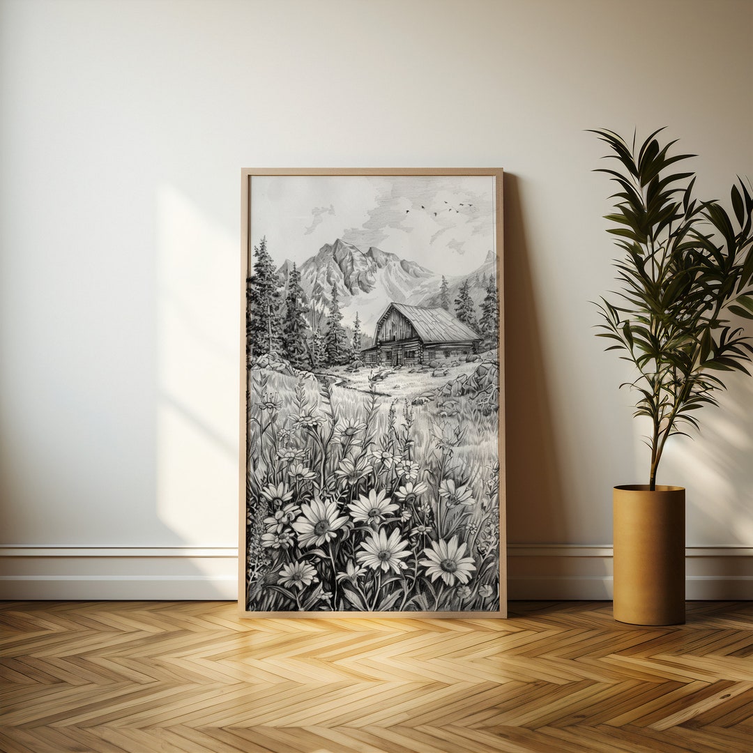 Mountain Cabin Sketch | Alpine Wilderness Pencil Drawing | Rustic Lodge ...