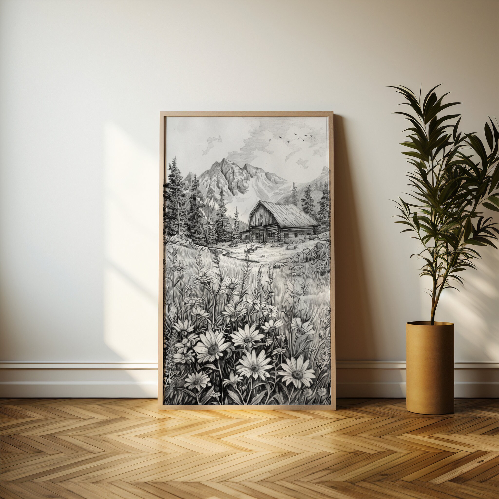Mountain Cabin Sketch Alpine Wilderness Pencil Drawing Rustic Lodge Art ...