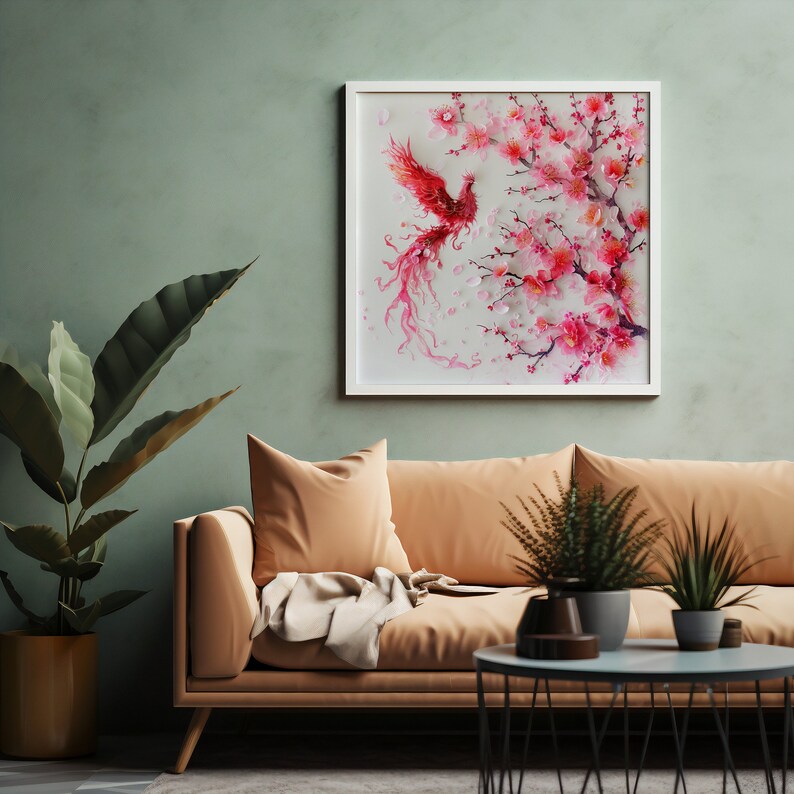 Cherry Blossom Phoenix Art | Floral Mythical Bird Digital Print | Pink ...