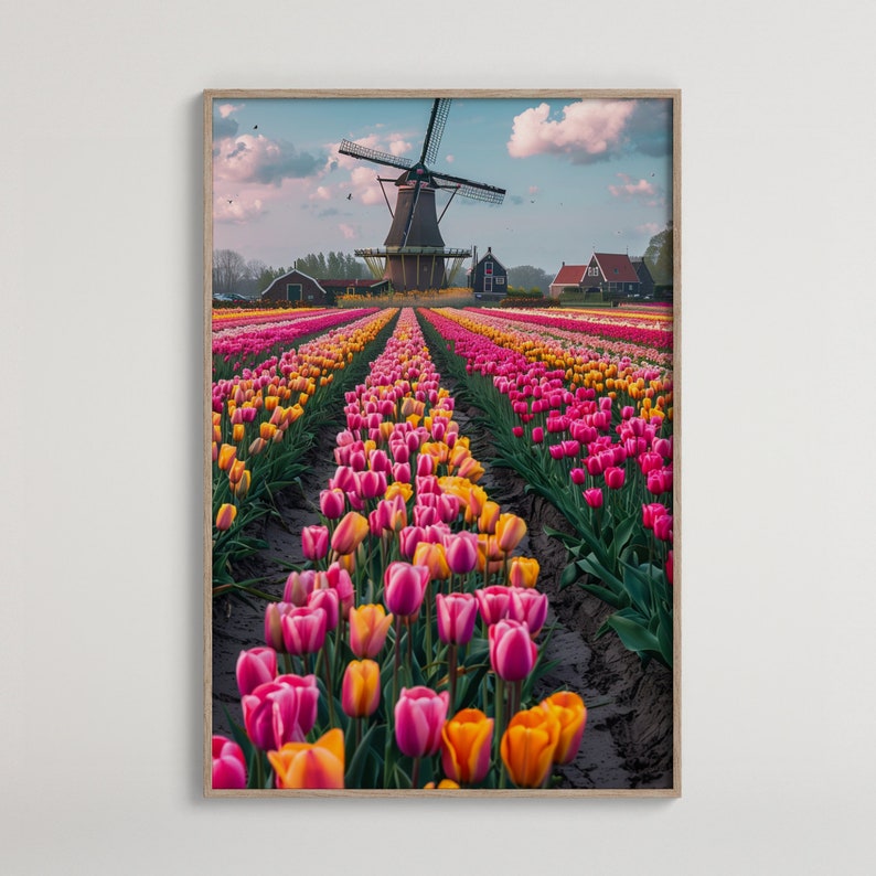 Dutch Windmill and Tulip Field Art | Traditional Netherlands Landscape ...