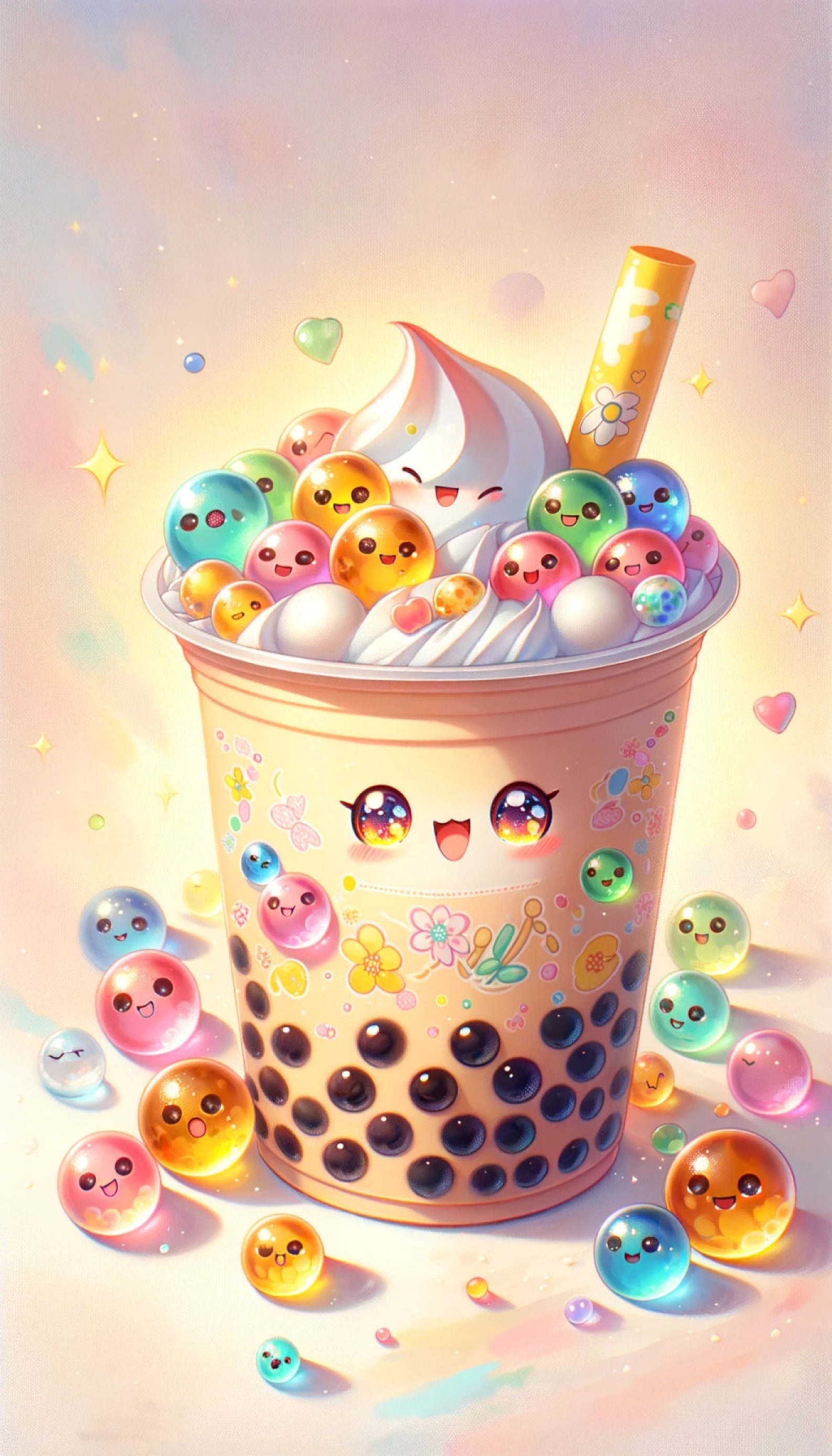 Kawaii Bubble Tea Digital Print | Cute Anime Boba Wallpaper | Whimsical ...