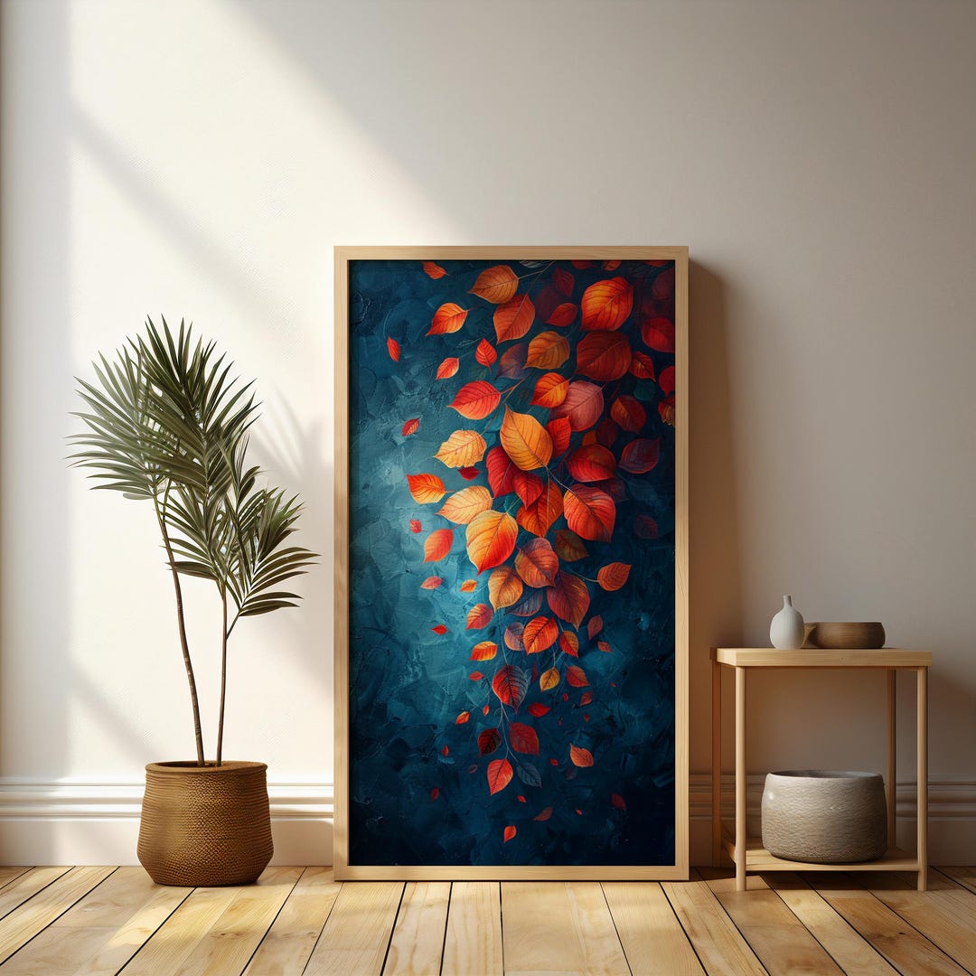 Autumn Leaves Digital Print | Vibrant Seasonal Colors on Blue | Fall ...