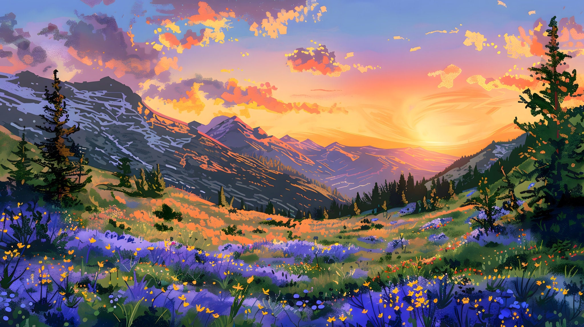 Mountain Sunset Art Vibrant Landscape Printable Colorful Nature Digital ...