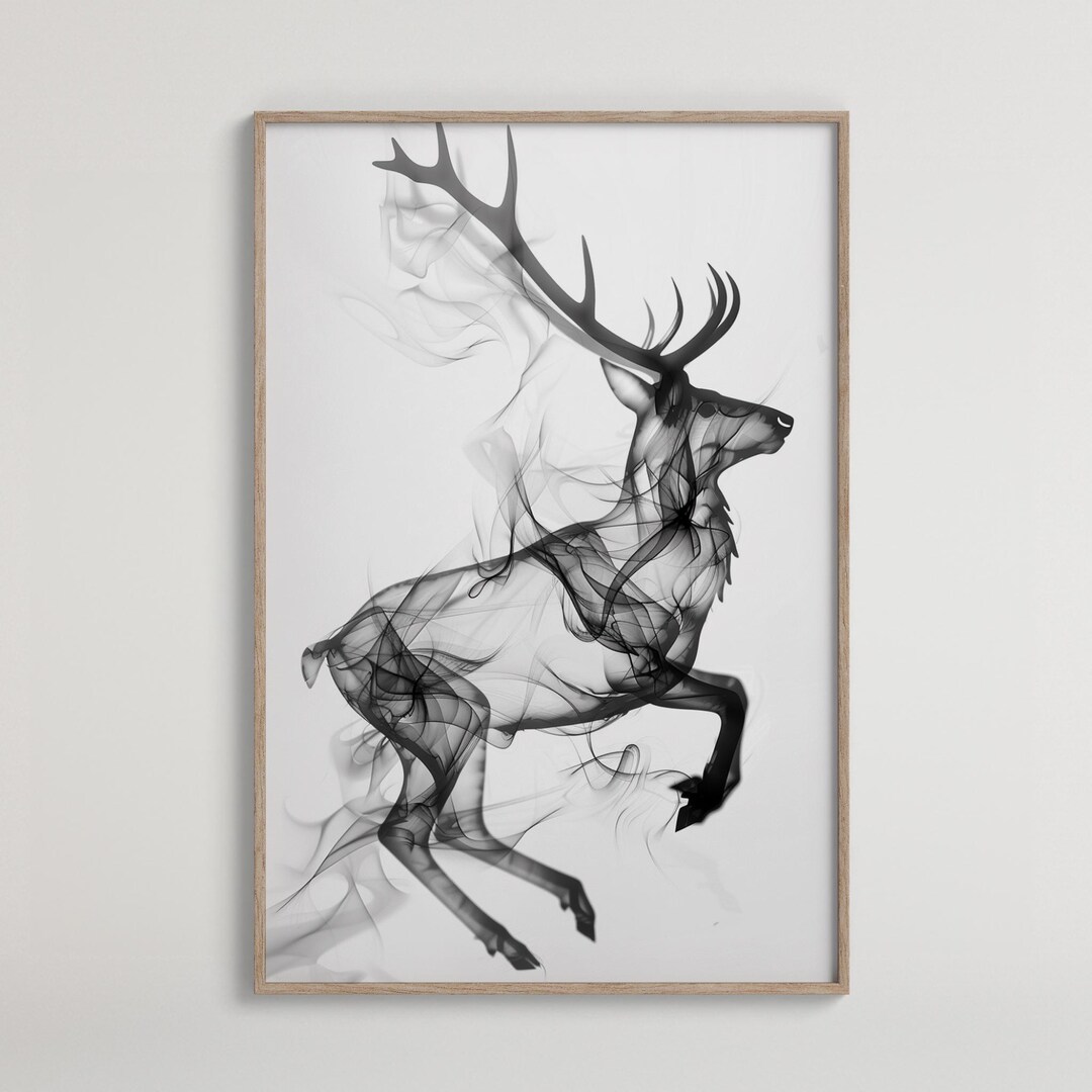 Ethereal Deer Digital Art Print | Ghostly Stag in Motion | Monochrome ...