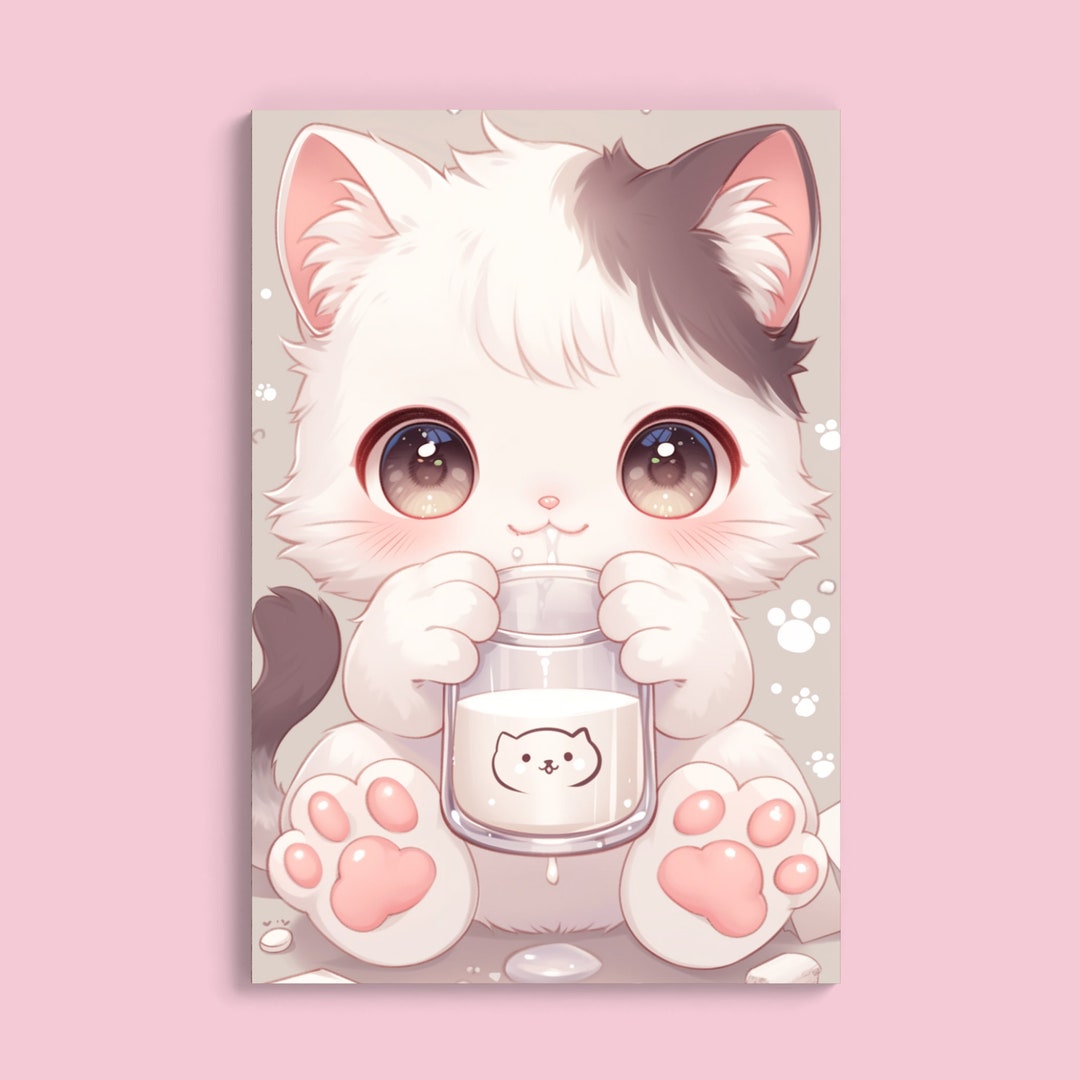 Animated Kitten Digital Art | Cute Cat With Milk Glass | Fluffy Feline ...