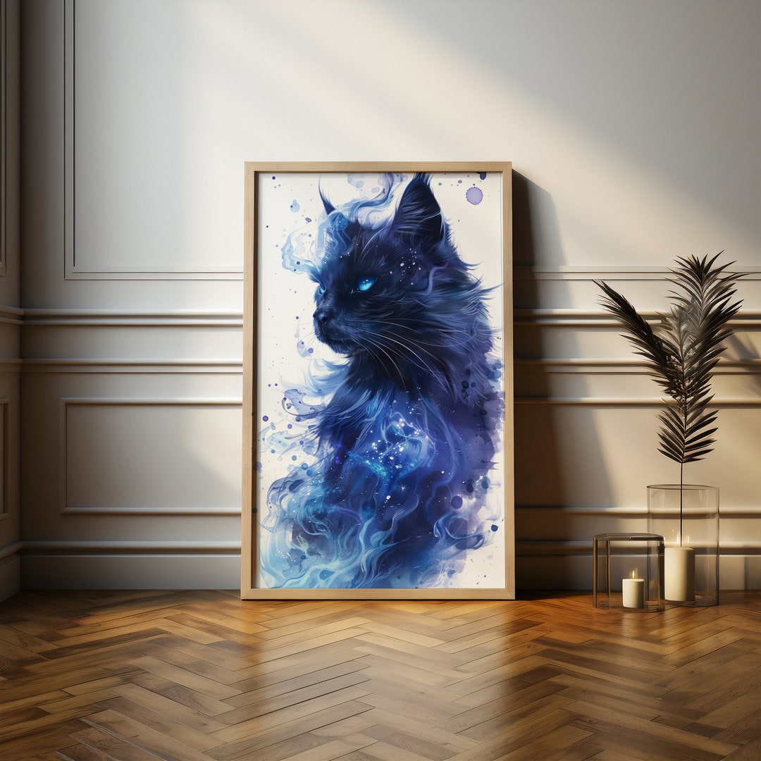 Cosmic Cat Portrait Digital Art | Ethereal Black Cat With Blue Eyes ...