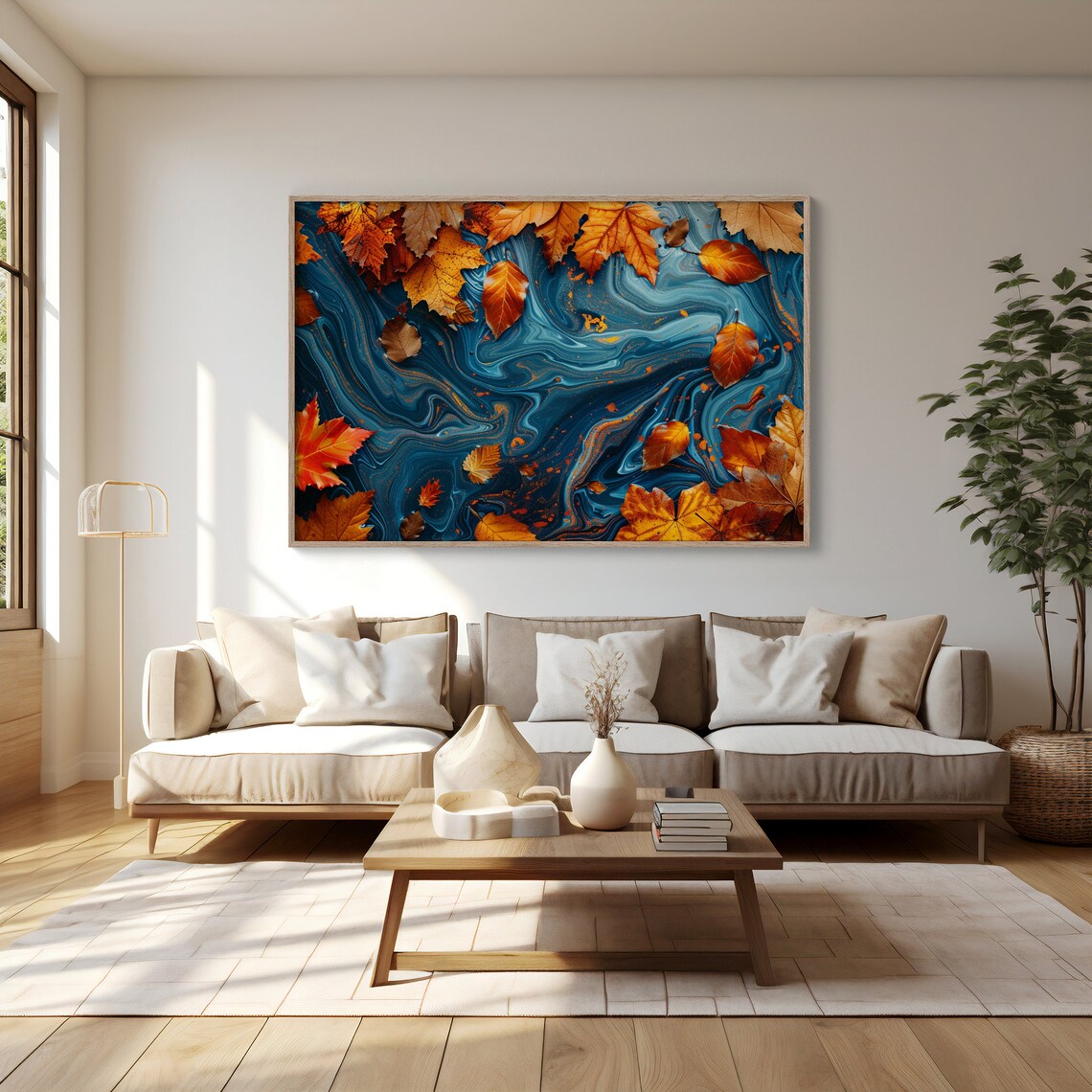 Autumn Leaves on Blue Marble Art Print Vibrant Fall Decor Abstract ...