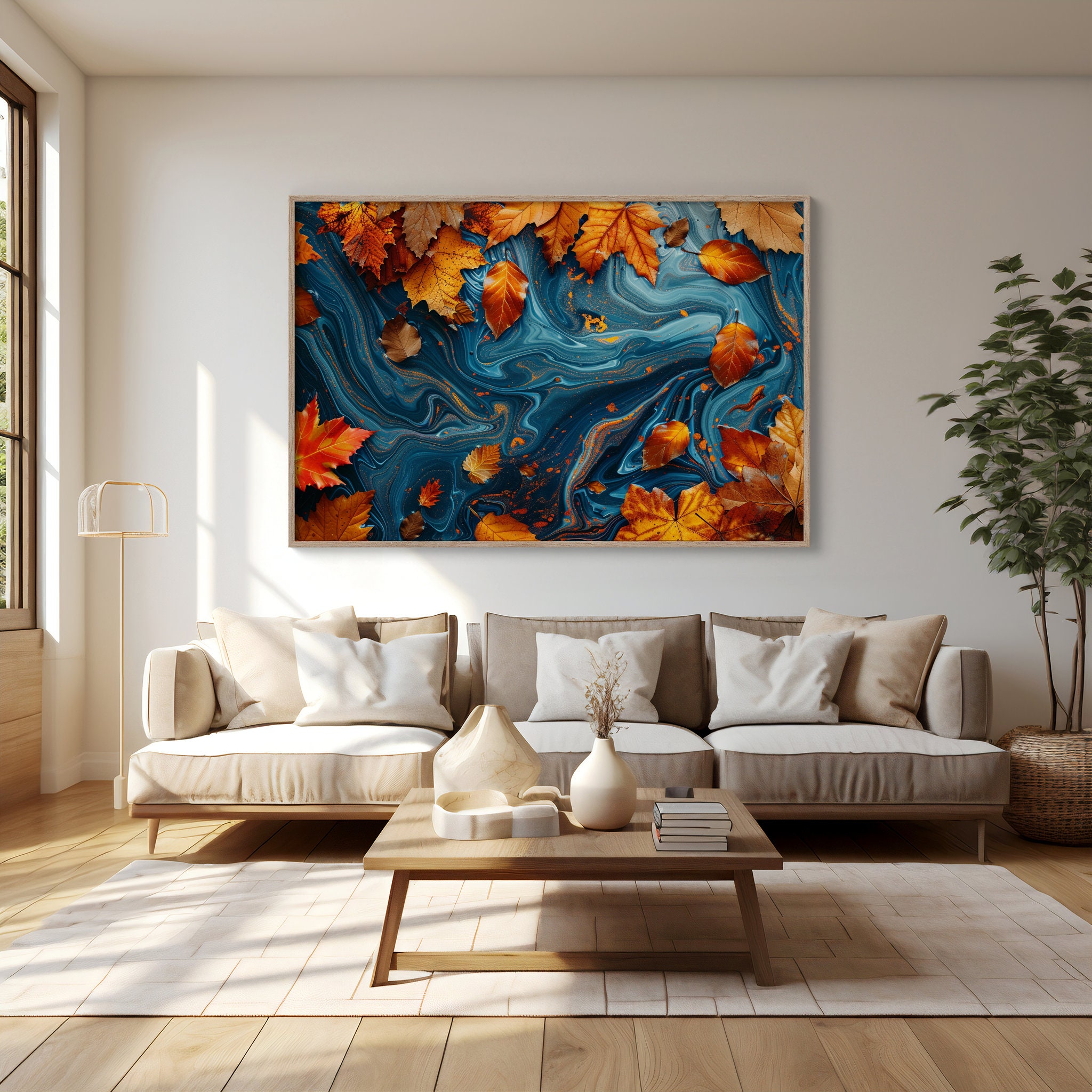 Autumn Leaves on Blue Marble Art Print Vibrant Fall Decor Abstract ...