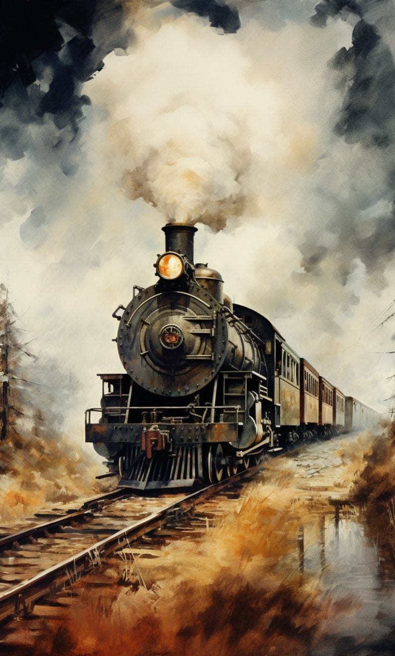 Vintage Train Art Print Classic Locomotive Painting Antique Railway ...