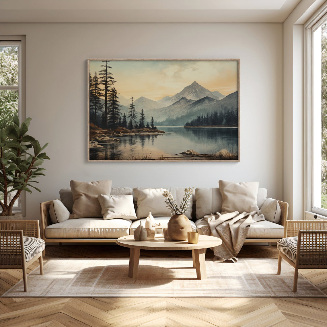 Rustic Autumn Lake Scene Art | Vintage Mountain Landscape Print ...