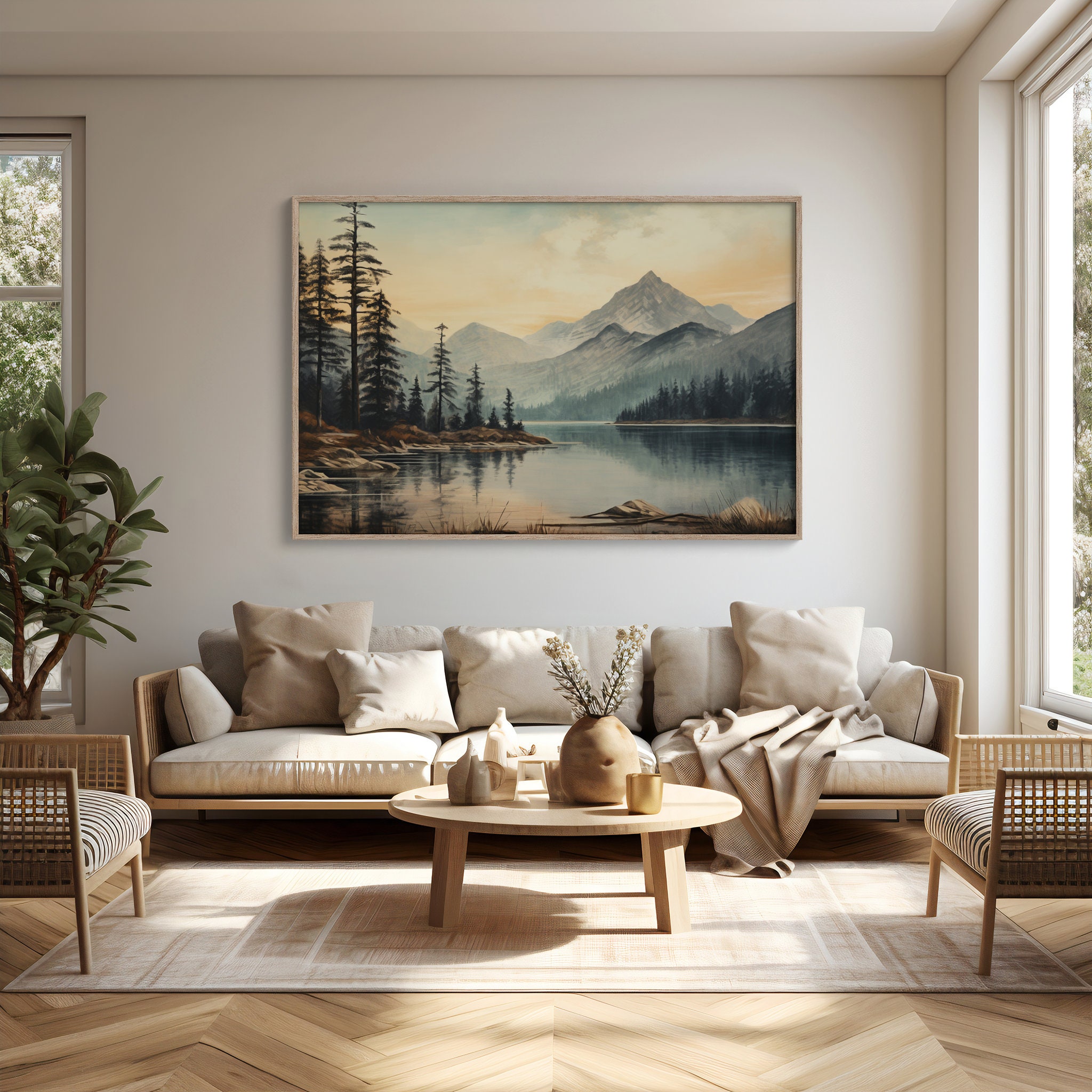 Rustic Autumn Lake Scene Art | Vintage Mountain Landscape Print ...