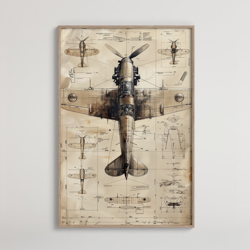 Vintage Airplane Blueprint Art Detailed Aircraft Design Drawing ...