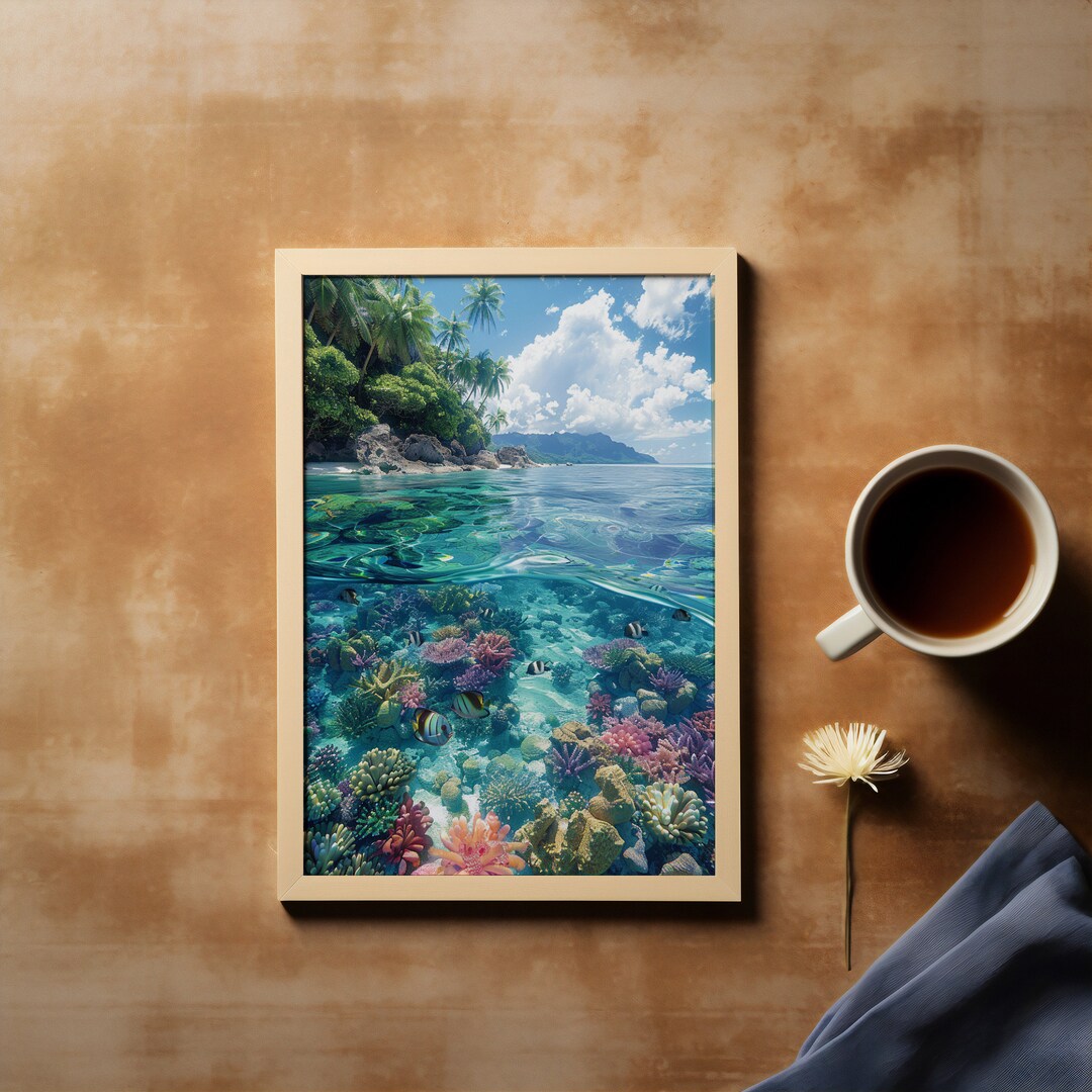 Tropical Seascape Digital Art Lush Island Coral Reef Print Serene ...