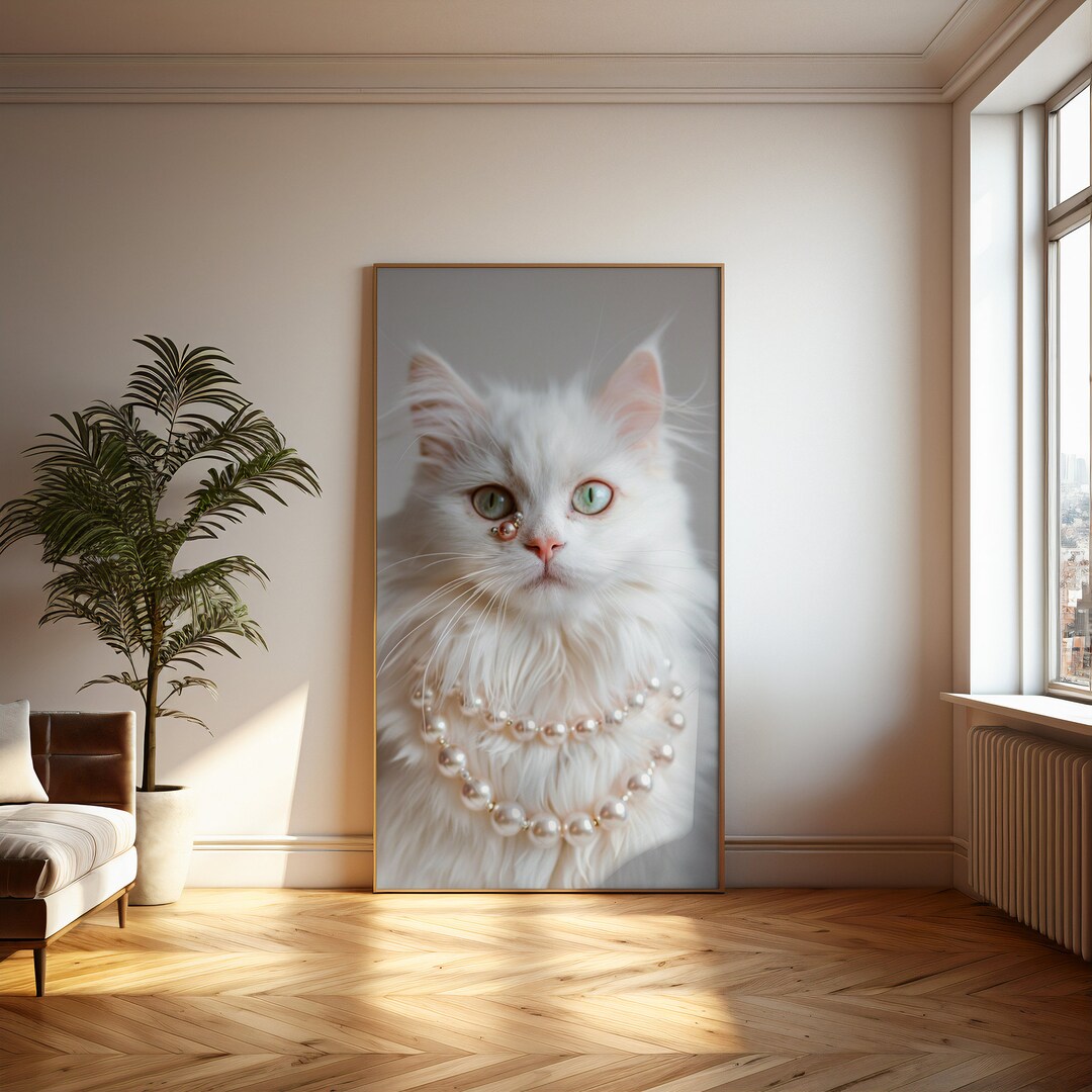 Elegant White Cat Digital Art Majestic Feline Portrait With Pearl ...