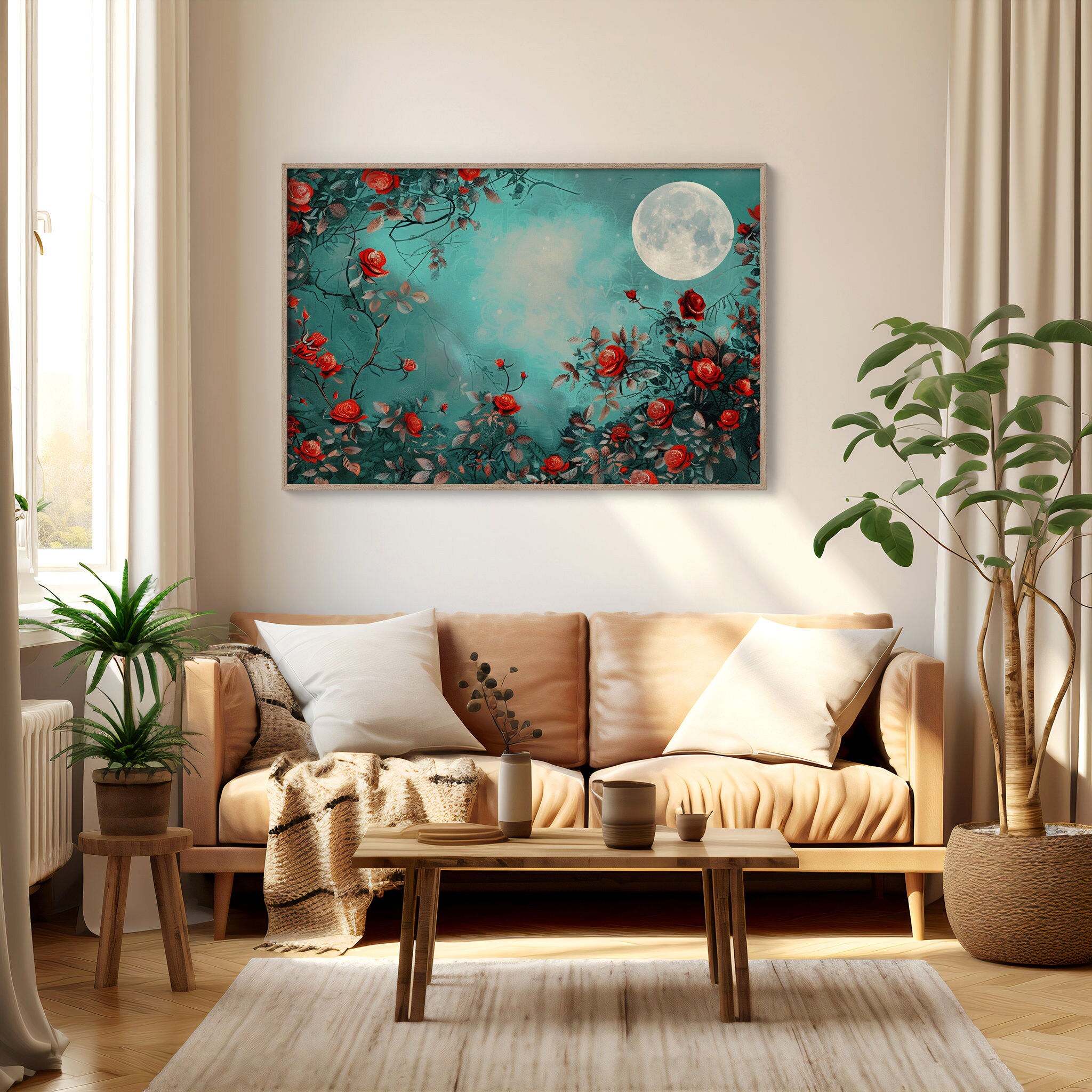 Moonlit Garden Digital Art | Teal Night Sky Red Roses | Serene Floral ...