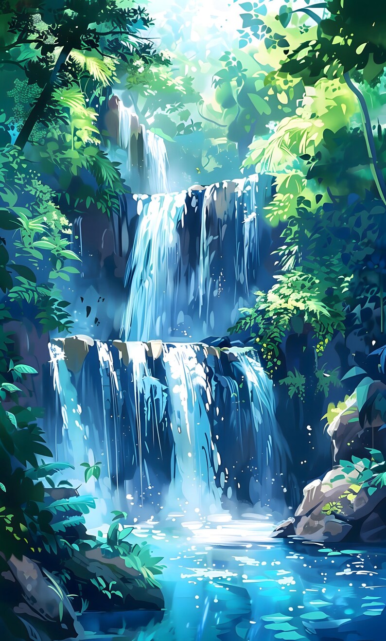 Enchanted Waterfall Oasis Lush Forest Waterfall Art Serene Nature Scene ...