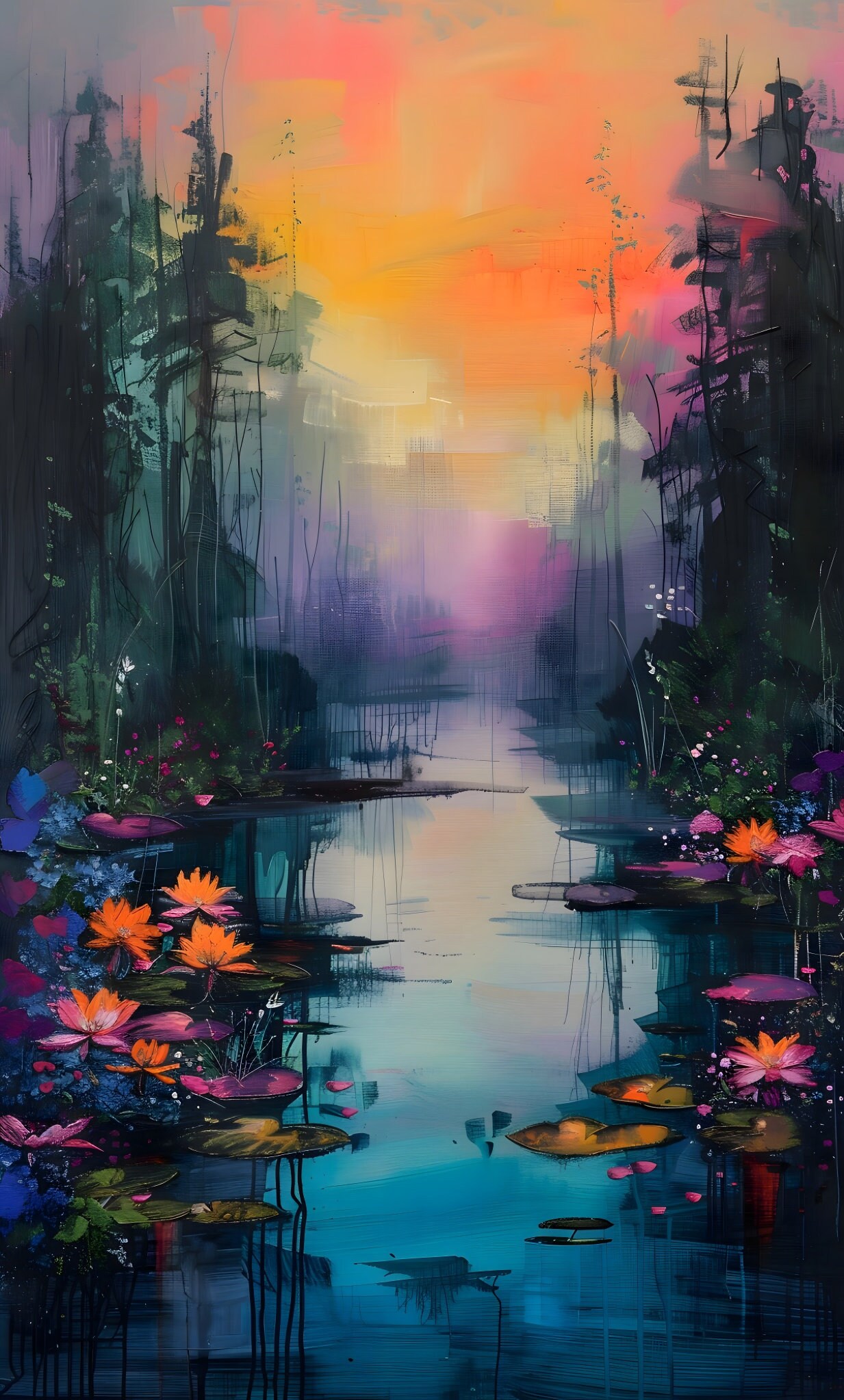 Abstract Landscape Digital Print Serene Water and Sunset Art ...