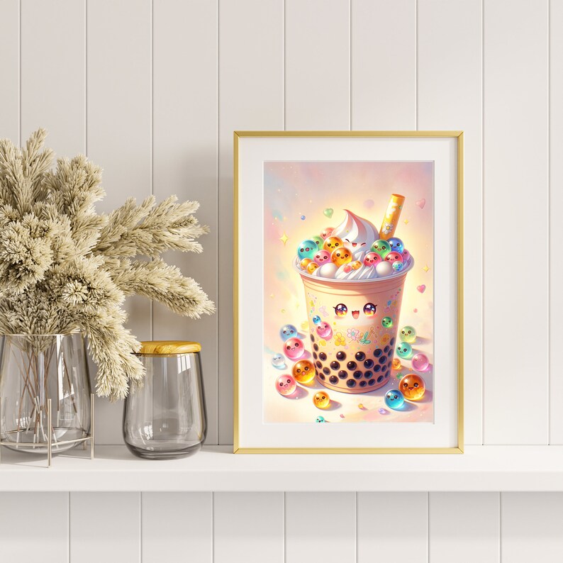Kawaii Bubble Tea Digital Print | Cute Anime Boba Wallpaper | Whimsical ...