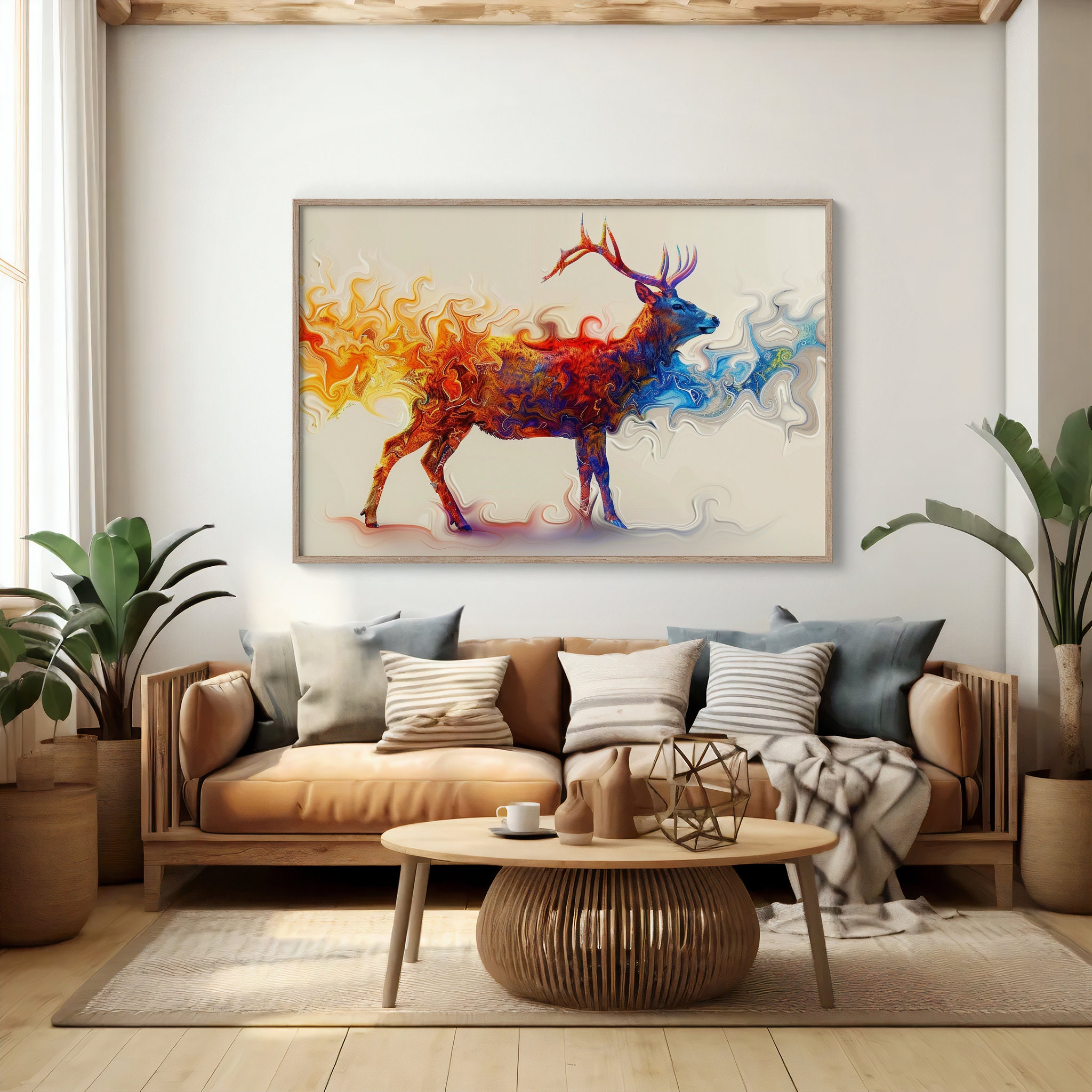 Fiery Flux Deer Digital Art Print | Vibrant Landscape With Liquid Fire ...
