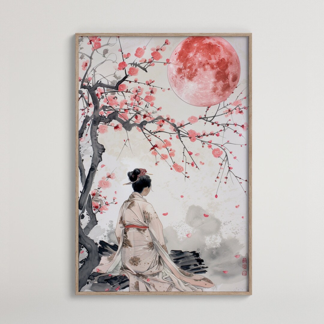 Asian-style Woman and Moon Digital Art | Traditional Attire and Cherry ...