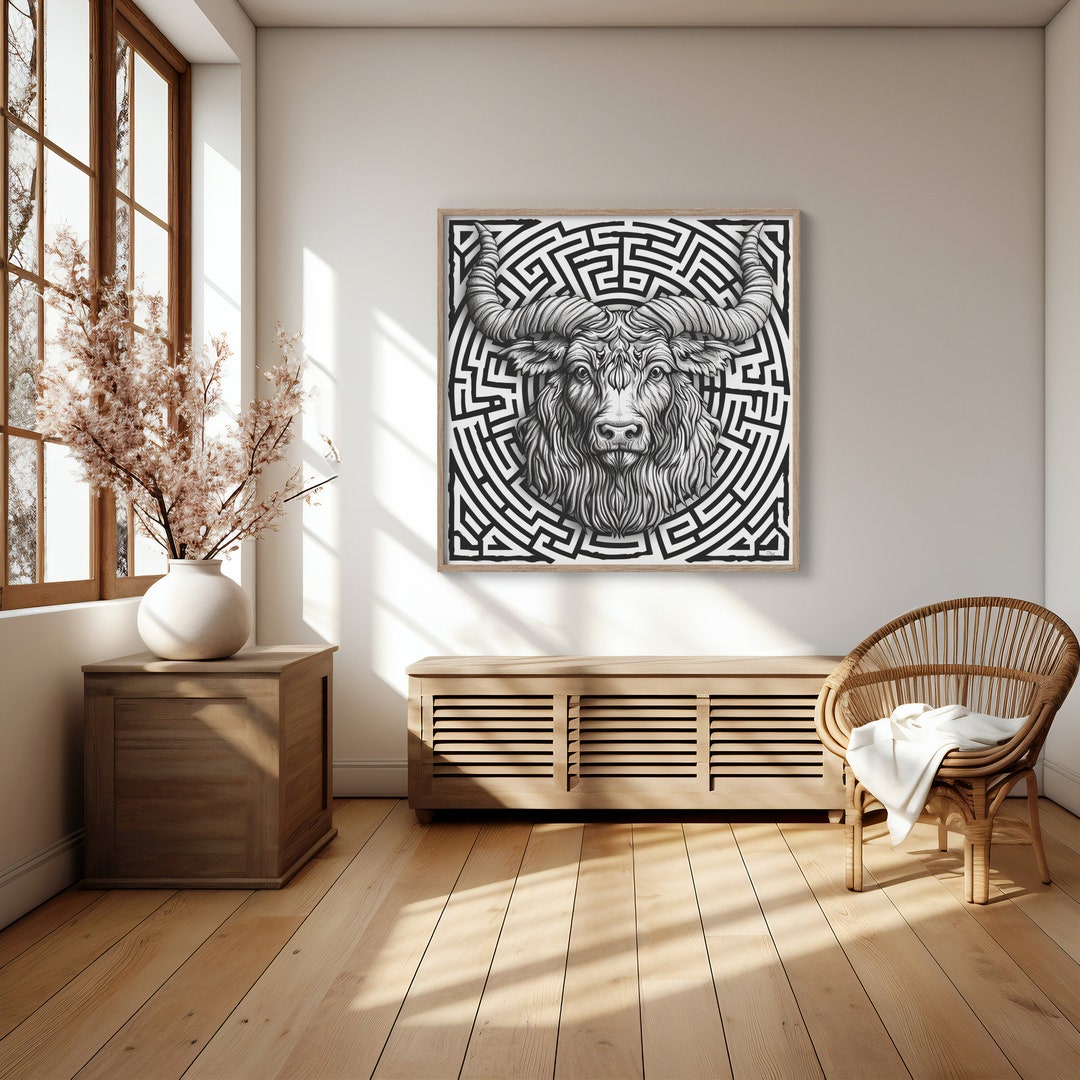 Bull Head Maze Art Print Greek Key Design Background Monochrome Bull ...