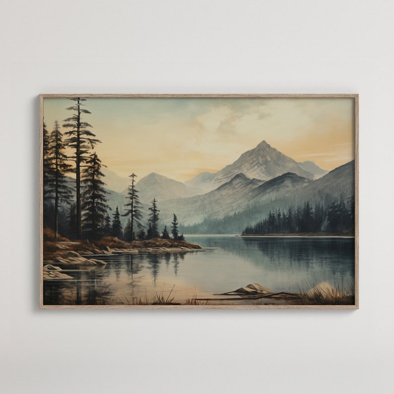 Rustic Autumn Lake Scene Art | Vintage Mountain Landscape Print ...