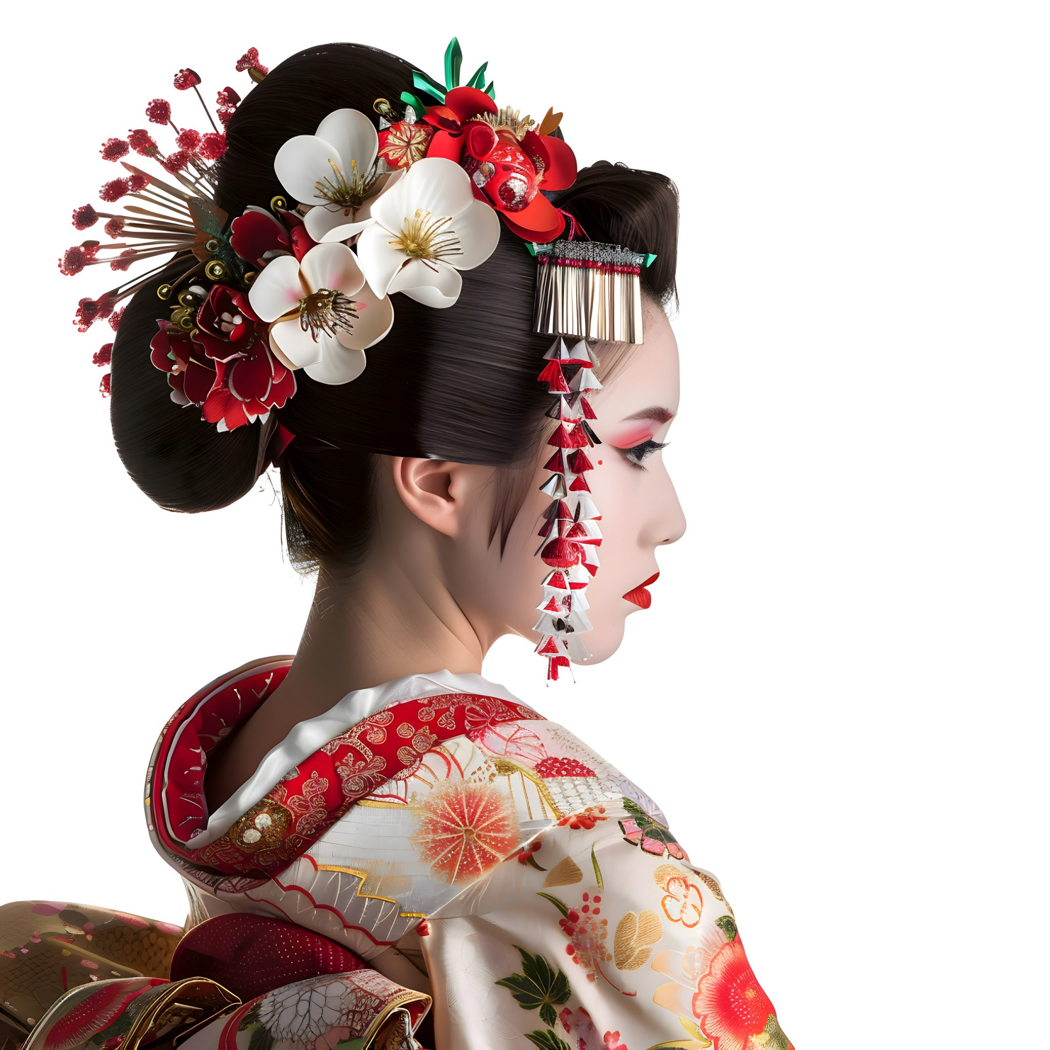 Japanese Geisha Art Print Traditional Bride in Kimono Shimada Hairstyle With Kanzashi Floral ...