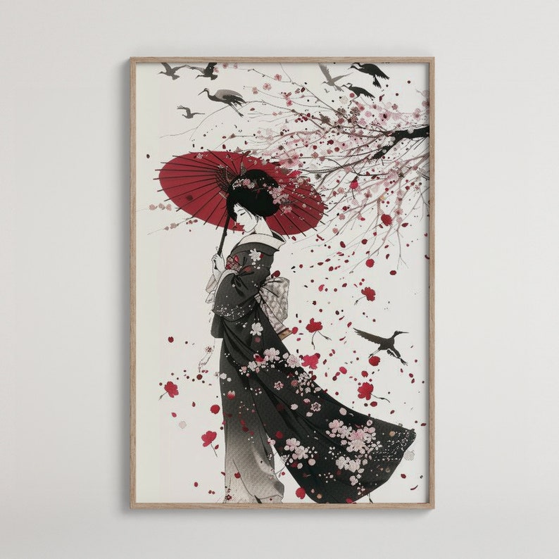 Japanese Geisha Art Print | Cherry Blossom Umbrella | Crane Bird ...