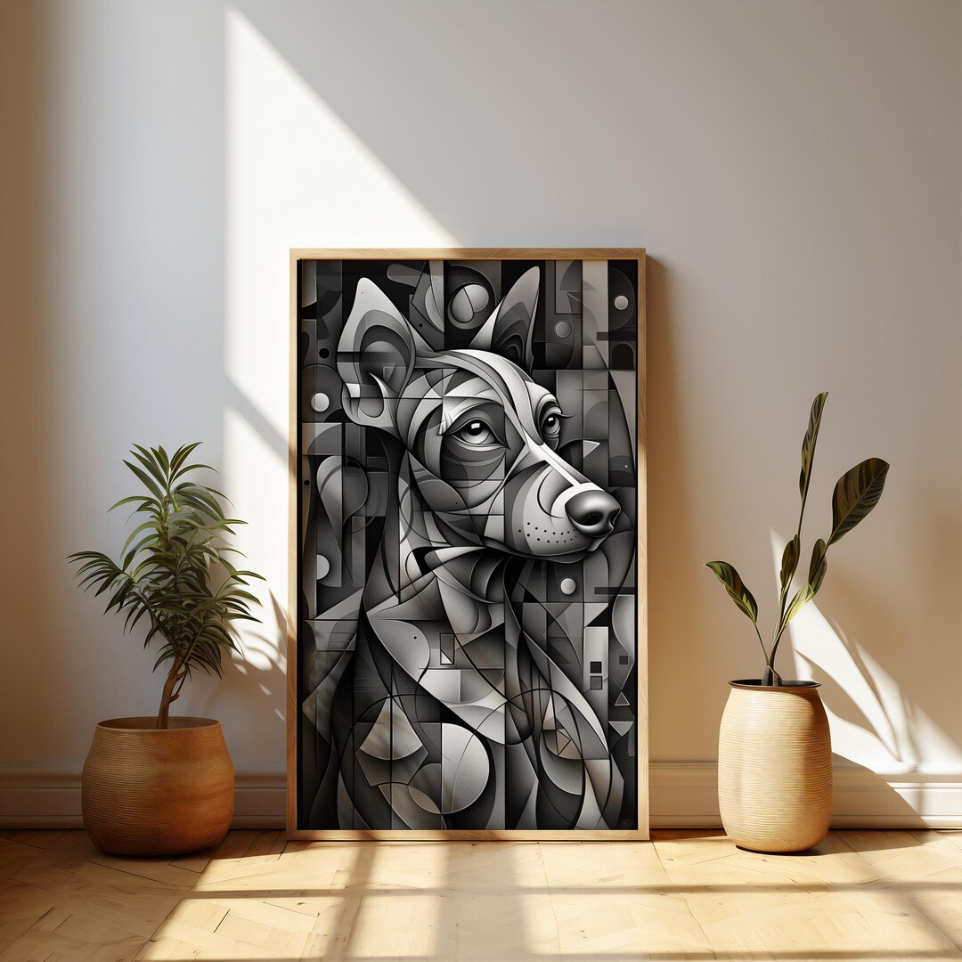 Modern Geometric Dog Art Print | Abstract Cubist Pet Portrait | Black ...