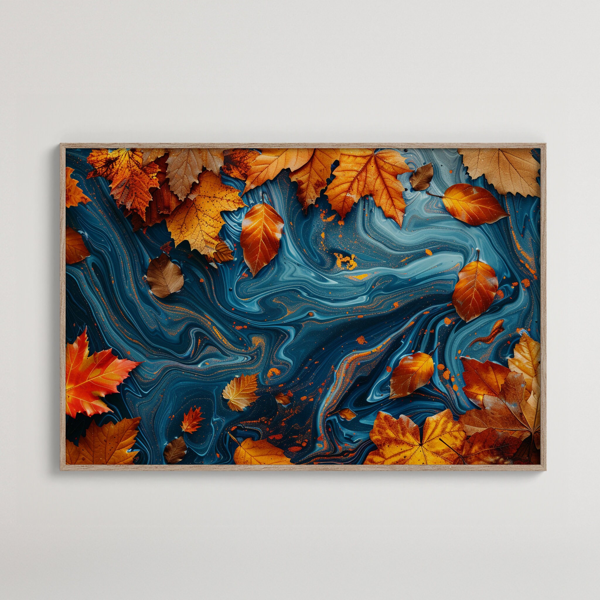 Autumn Leaves on Blue Marble Art Print Vibrant Fall Decor Abstract ...