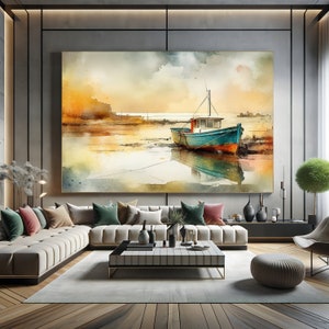 Nautical Watercolor Art | Boat at Sunset | Seaside Wall Decor | Coastal ...