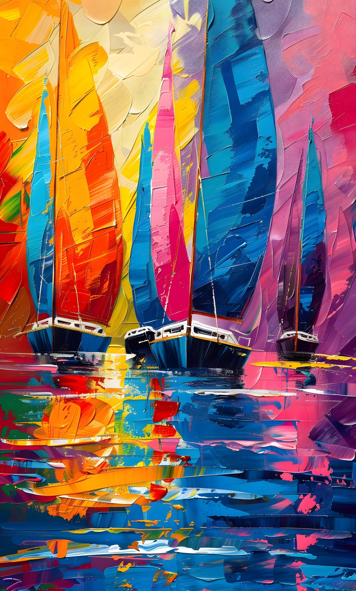Abstract Sailboat Scene Digital Print Colorful Nautical Art Impasto ...