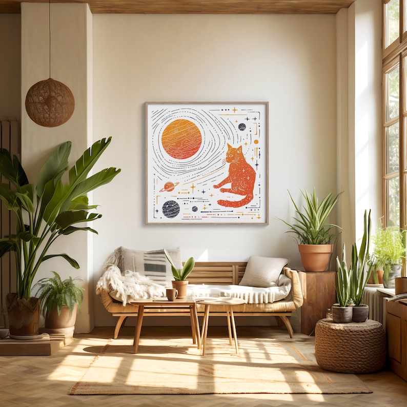 Cosmic Cat Art Print | Retro Space Kitty Illustration | Planetary ...