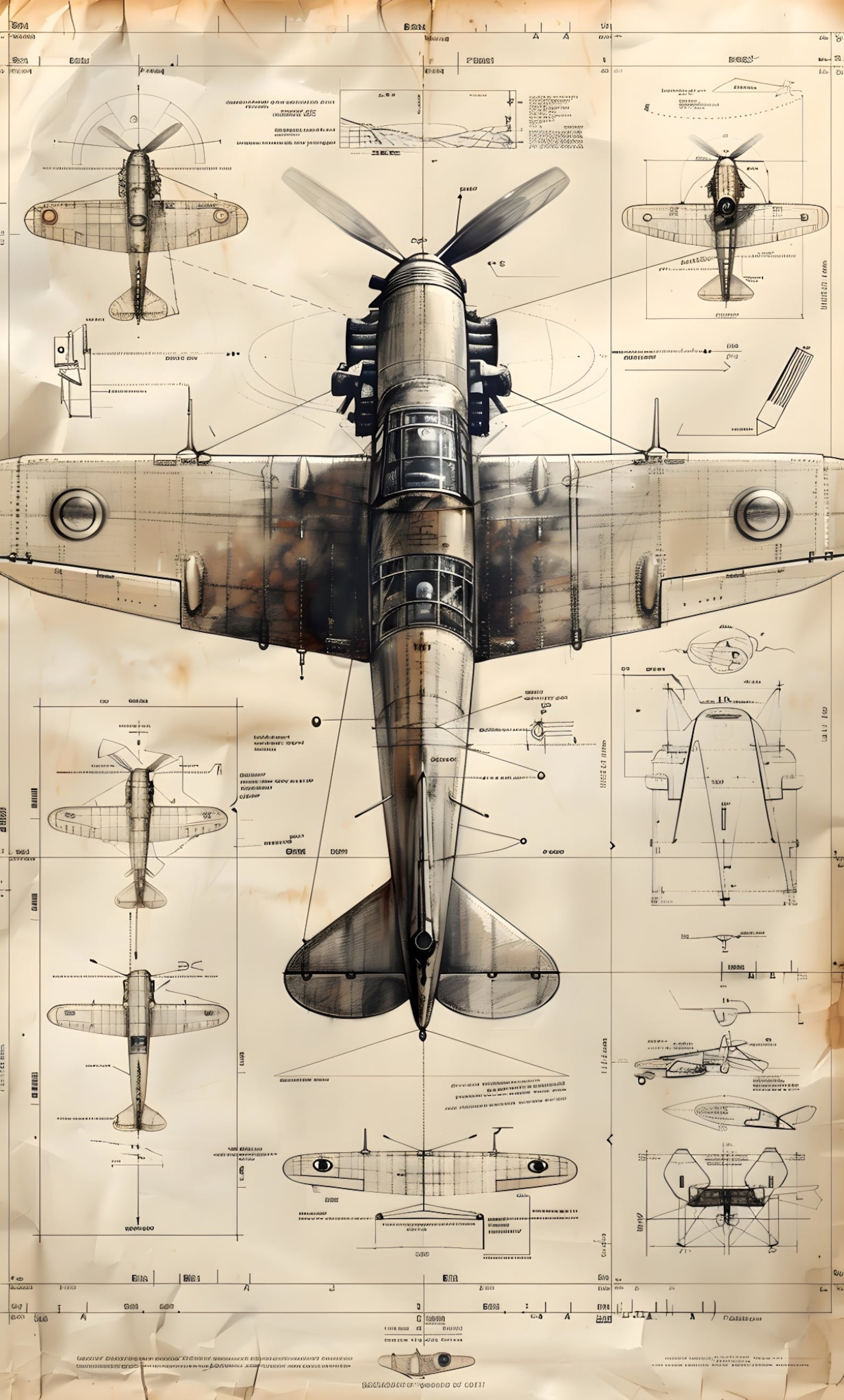 Vintage Airplane Blueprint Art Detailed Aircraft Design Drawing ...