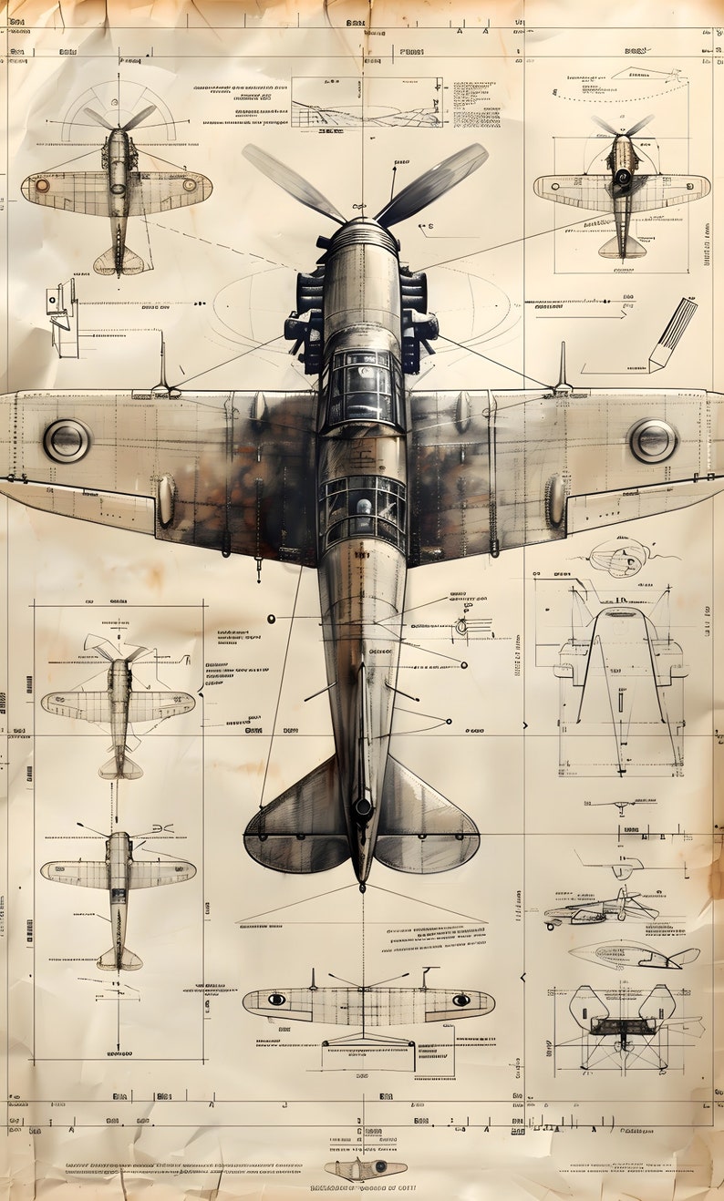 Vintage Airplane Blueprint Art Detailed Aircraft Design Drawing ...